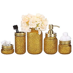 Quotidian Glitter Mason Jar Bathroom Set 5 Piece with Soap Dispenser,Flower Vase, Toothbrush Holder for Wedding House Decor Countertop and Vanity Organizer Bathroom Accessory Sets (Gold)