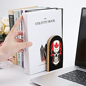Canada Flag Skull Wood Book Ends for Shelves Non-Skid Bookend Book Stand Book Holder Stopper for Home Office School