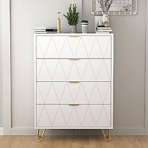 ERGOMORE 4 Drawer Dresser for Bedroom, Wooden Dressers & Chests of Drawers, Large Storage Drawer Cabinet, Modern Design Drawer Dresser for Bedroom, Hallway, Living Room, White