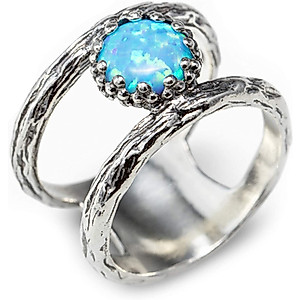 Joolala Ocean of Round Blue Fire Opal 925 Sterling Silver Oxidized Finish Party Band for Women and Teen Girls, Size 9