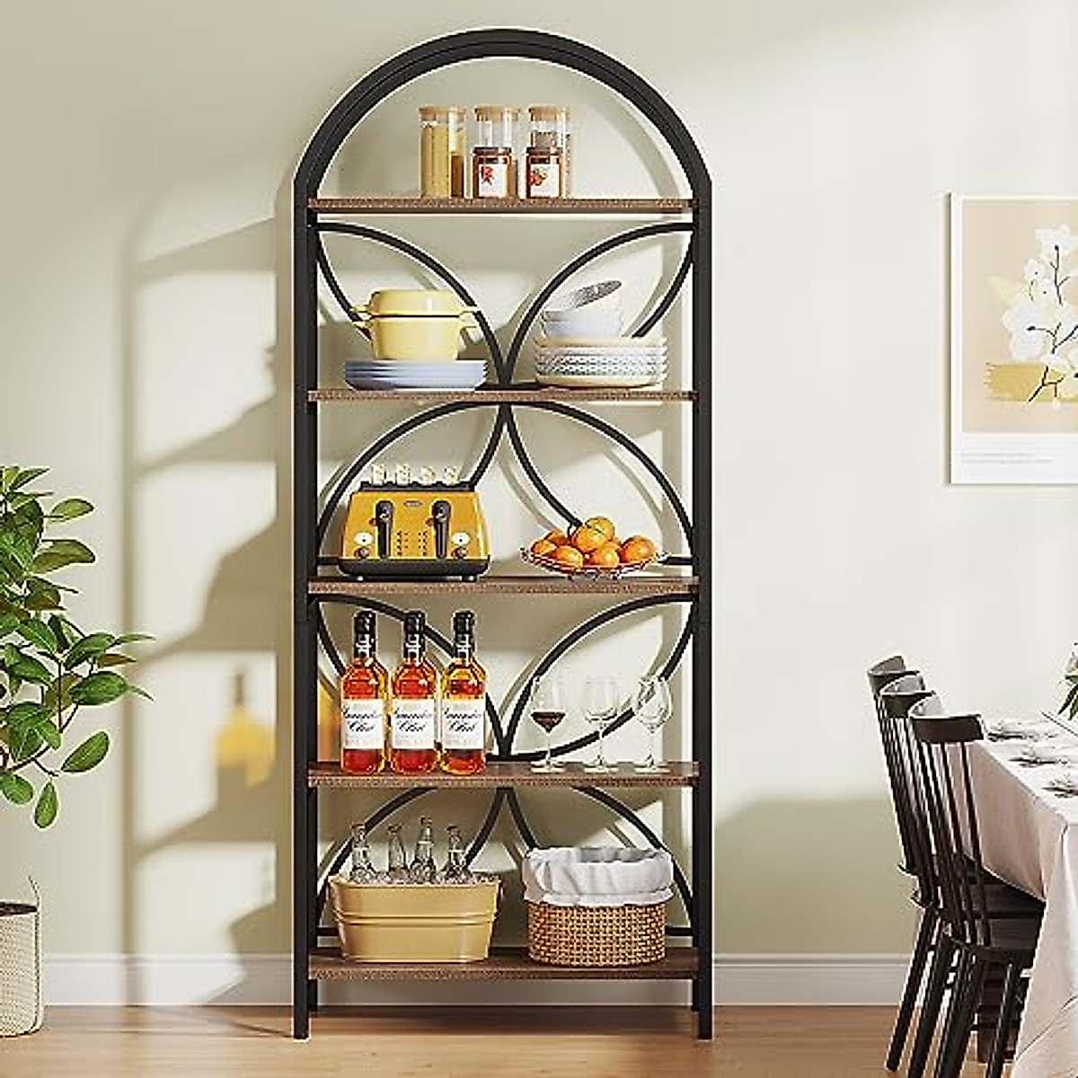 Tribesigns 5-Tier Open Bookshelf, 75 Inch Tall Arched Bookcase Shelf Storage Organizer, Industrial Book Rack with Metal Frame, Standing Display Rack for Bedroom, Living Room, Home Office, Brown