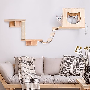 Cat Wall Shelves, Cat Shelves and Perches for Wall, Cat Wall Furniture Set 5 PCS Cat Wall Mounted with 1 Cat Condos House, 2 Cat Wall Shelves, 1 Cat Sisal Scratching Post, 1 Ladder