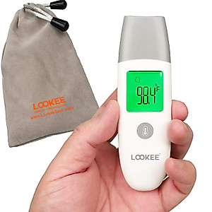 LOOKEE Petite Infrared Touchless Forehead Thermometer for Adults and Kids | Baby Thermometer with Fever Alarm | 3-In-1 No Touch Medical Digital Thermometer with Memory of 35 Readings | Battery & Pouch