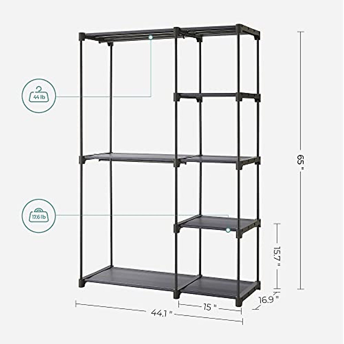 SONGMICS Freestanding Closet Organizer, 44-Inch Clothes Rack with 2 Hanging Rods, Portable Wardrobe Clothes Organizer with 4 Storage Shelves, Gray URYG024G02