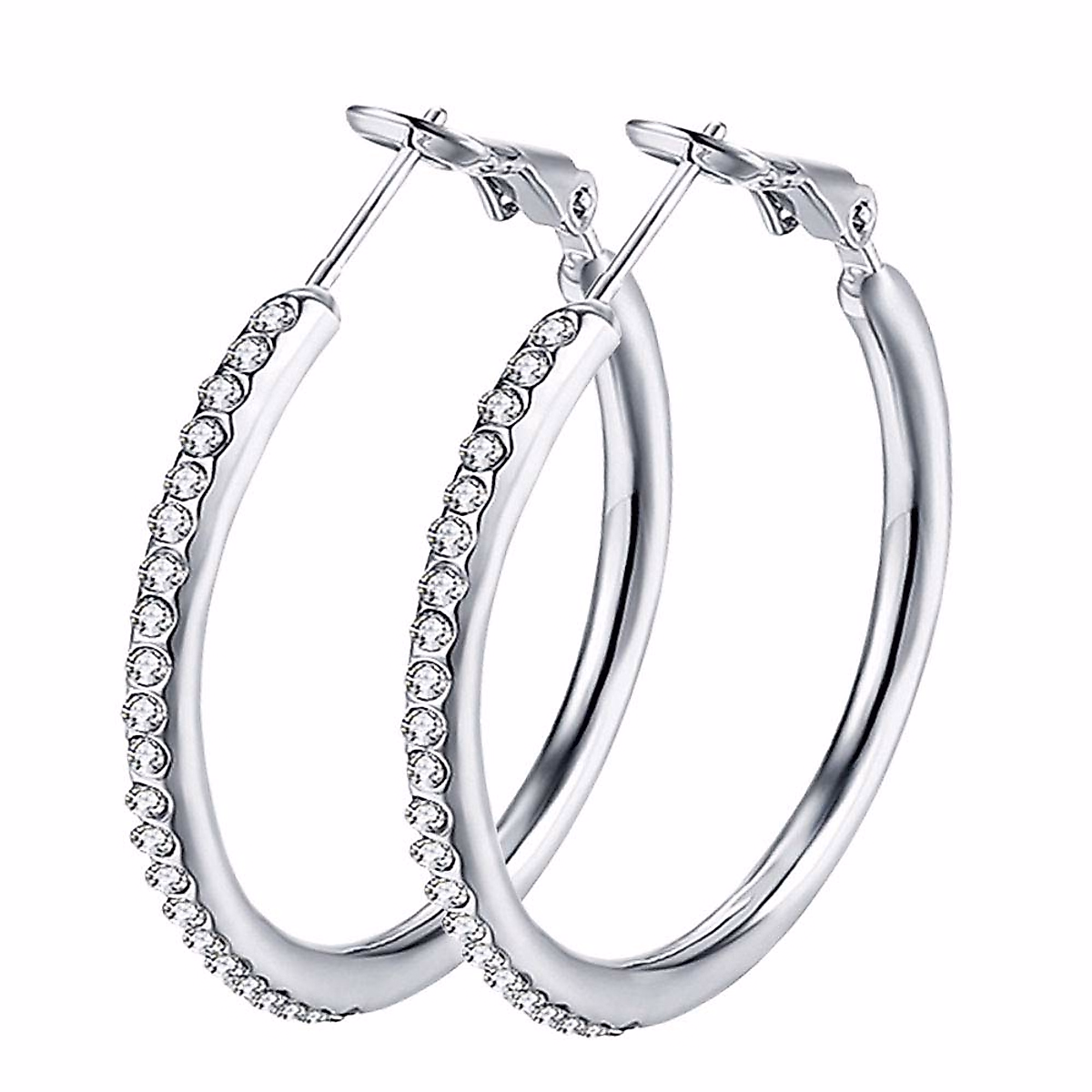 YUQIGG Silver Hoop Earrings, Fashion CZ Cubic Zirconia Rhinestone Hoops White Gold Plated Hoop Earrings for Women Gifts 1.38in