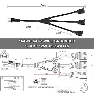 KUNCAN 3-Outlet Splitter Extension Cord - 3 Prong 1 to 3 Way Power Splitter Extension Cable, 1FT 16AWG 13A/1625W, NEMA 5-15P to 3*NEMA 5-15R Y Style Extension Cord (Black 2-Pack)