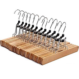 JS HANGER Wood Pants Hangers, 12 Pack Non Slip Wood Skirt Hangers, Smooth Finish Wood Jeans/Slack Hanger with 360° Swivel Hook, Natural Finish