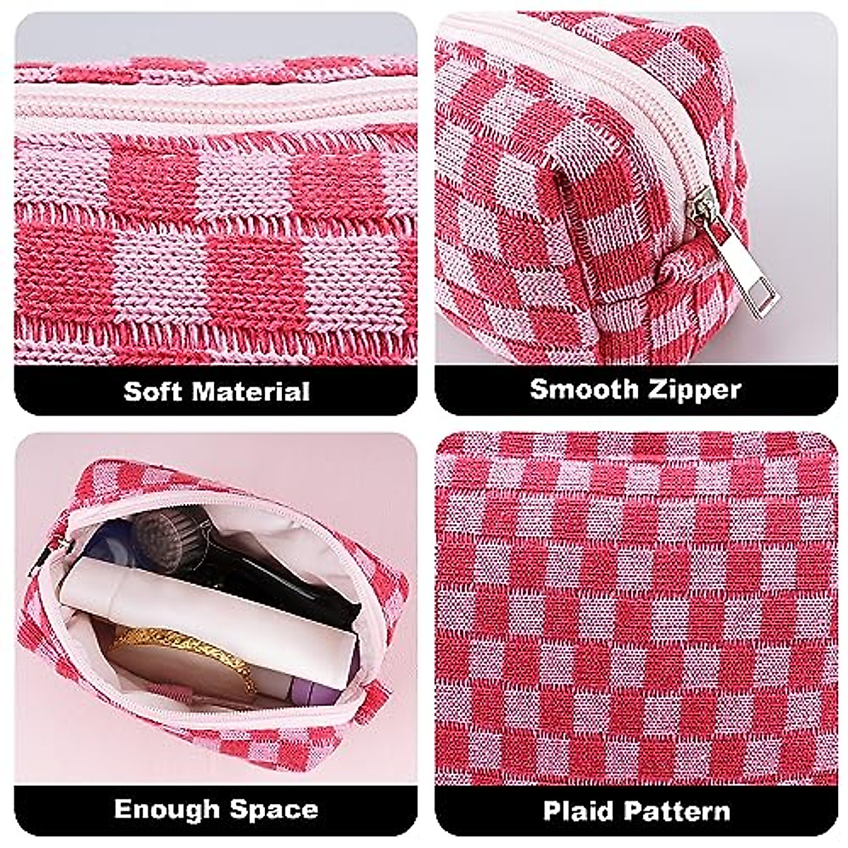 Wowang 2pcs Cute Makeup Bag Checkered Cosmetic Bag Makeup Pouch Travel Toiletry Bag for Women Aesthetic Accessories Makeup Brushes Storage Bag Organizer (Pink)