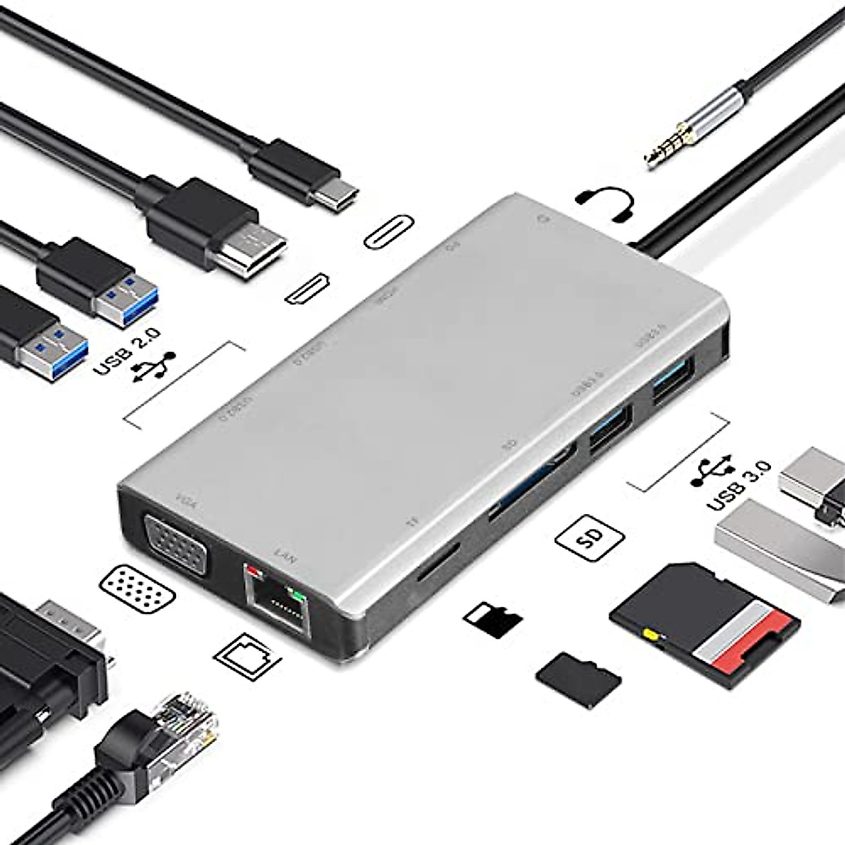 OCUhome 11-in-1 USB C Hub, High Speed Mini Docking Station, Universal Type-C Adapter Dongle with 4 USB Ports SD/TF Card Reader VGA Silver Gray