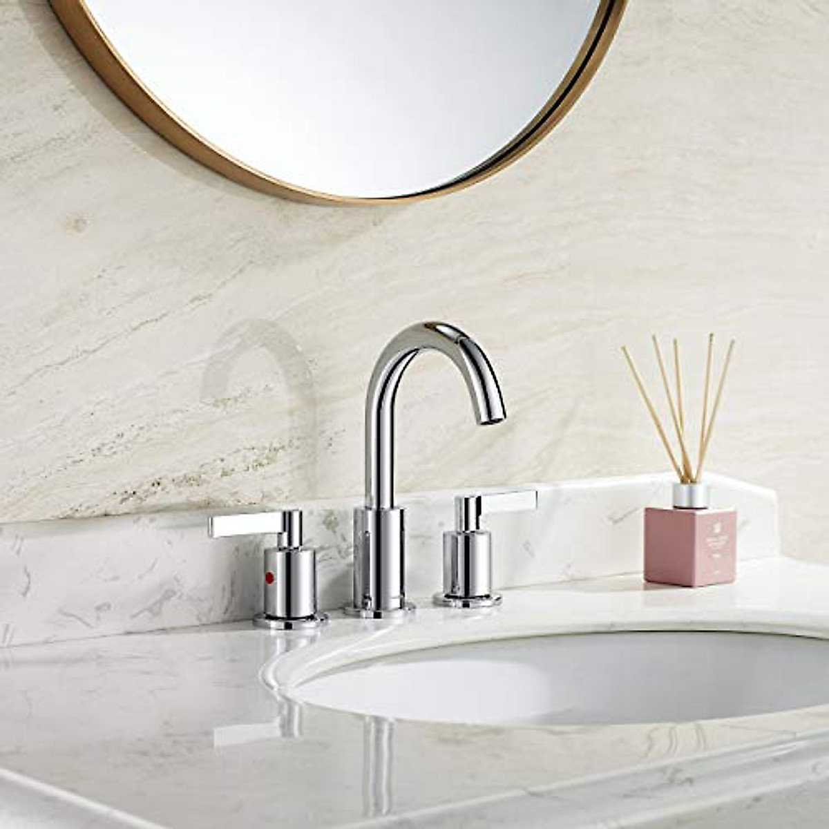 TimeArrow Chrome 2 Handle Widespread Bathroom Sink Faucet 3 Holes with Pop-Up Drain, High Arc Modern 8 Inch Bathroom Vanity Lavatory Faucet with Brass 360° Swivel Spout, TAF830C-CP