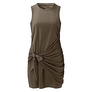 Padaleks Women's Sleeveless Round Neck T Shirt Dress Casual Tie Waist Ruched Bodycon Mini Dresses Knee Length