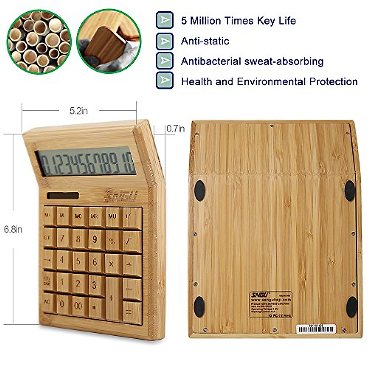 Sengu Functional Desktop Calculator Solar Power Bamboo Calculators with 12-Digit Large Display …