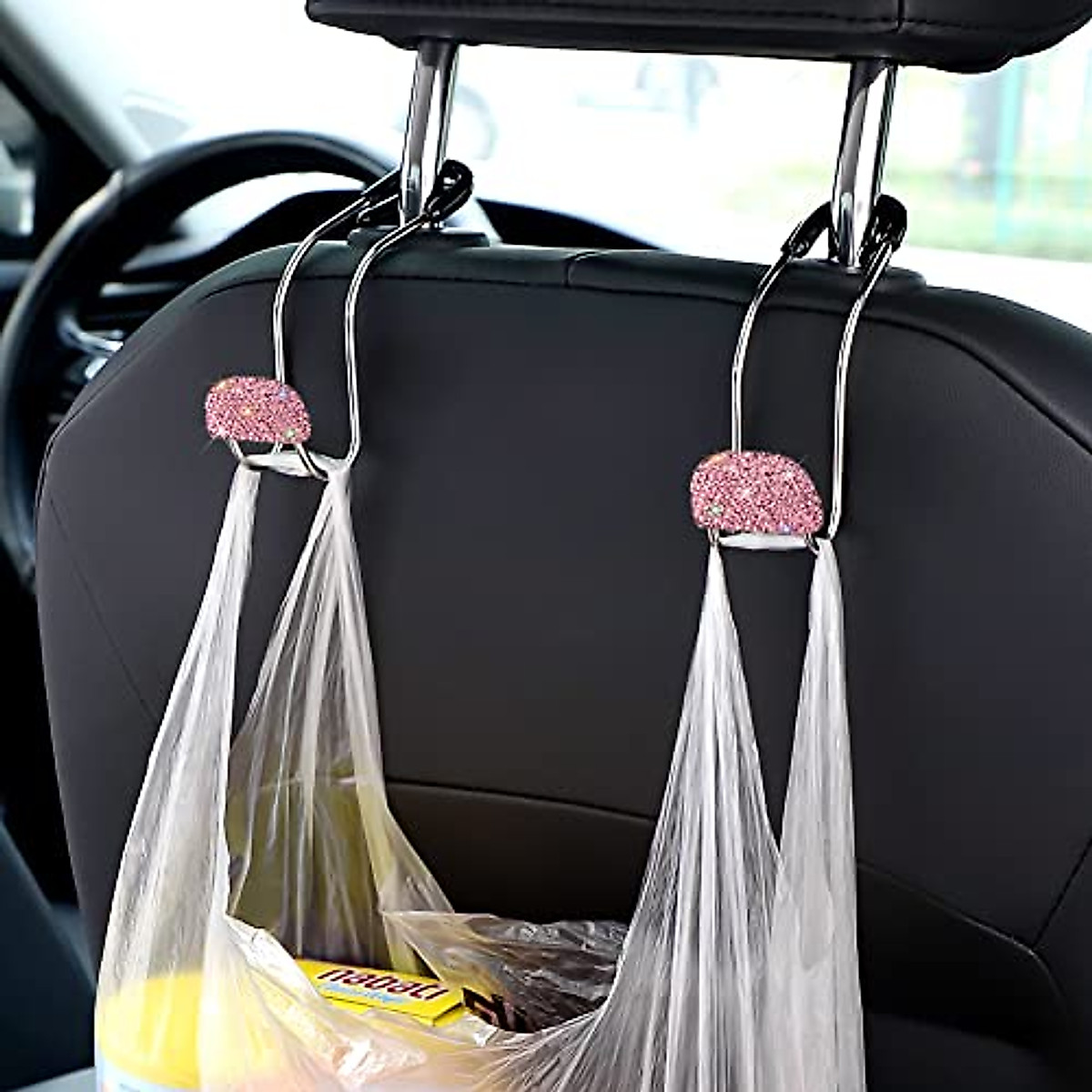 SAVORI Purse Holder for Car, Bling Car Headrest Hooks Organization Rhinestones Auto Back Seat Headrest Metal Hanger Organizer for Bags 2PCS (Pink)