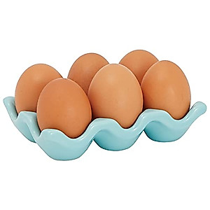 2 Pack Ceramic Half Dozen Egg Tray Holder for Countertop, Refrigerator, Porcelain Egg Carton Holds 6 Chicken Eggs, Hard Boiled Eggs for Easter Egg Painting (Teal)