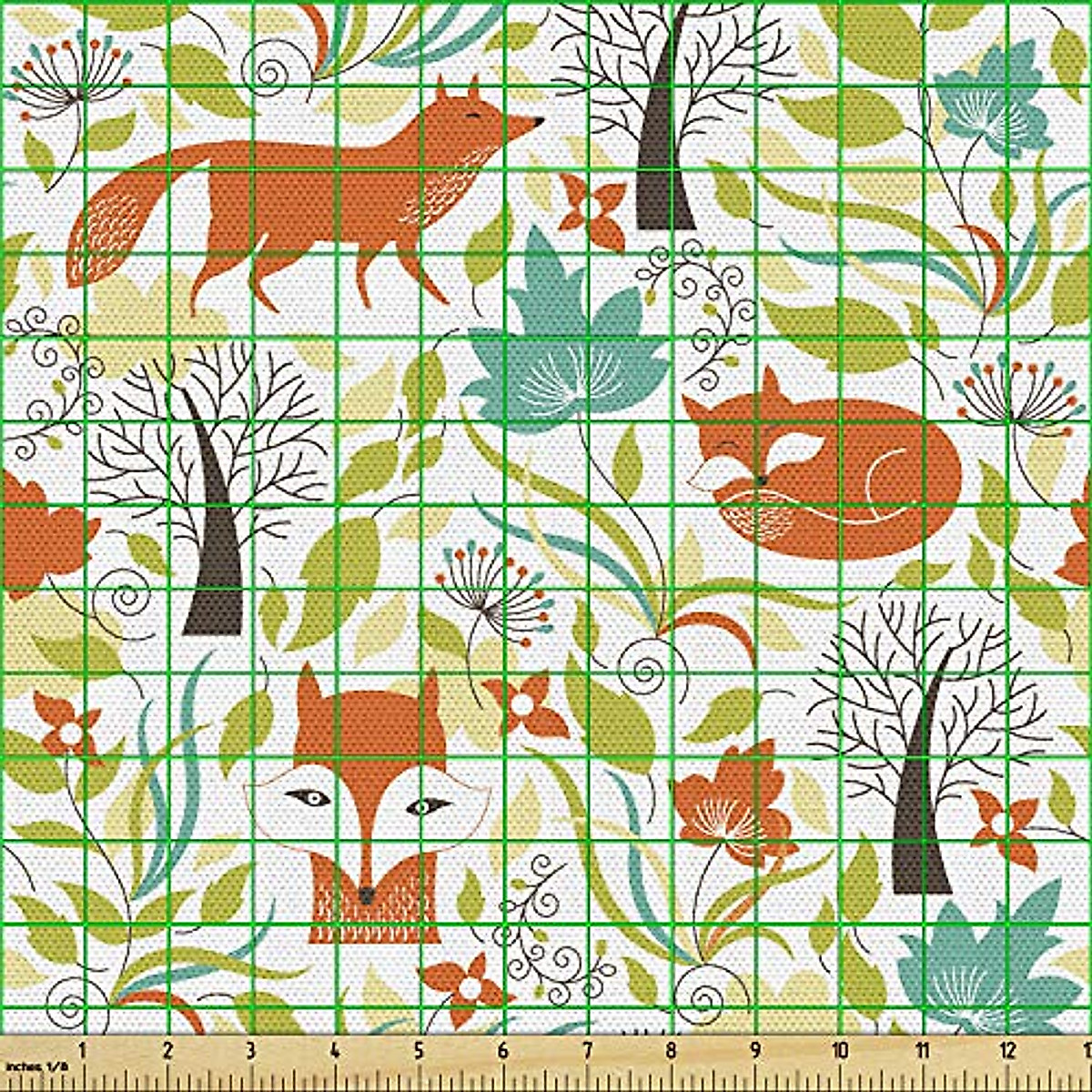 Ambesonne Cartoon Fabric by The Yard, Wild Fox Wolf with Leaves Flowers and Leafless Trees Print, Decorative Fabric for Upholstery and Home Accents, 1 Yard, Orange Green and Blue