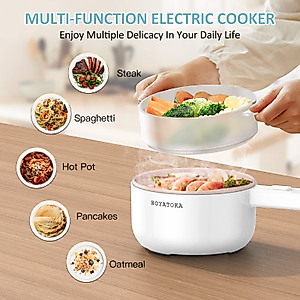 Hoyatoka Electric Hot Pot, 1.5L Portable Non-Stick Electric Cooker with Steamer, Multifunction Electric Pot for Stir Fry, Roast, Egg, Ramen Cooker with Dual Power Control for Dorm and Office, White