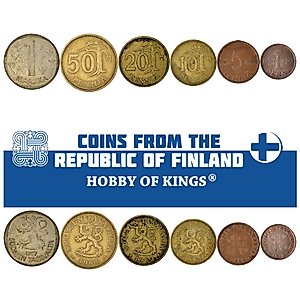6 Coins from Finland | Finnish Coin Set Collection 1 5 10 20 50 Pennia 1 Markka | Circulated 1963-1969 | Tree | Saint Hannes Cross