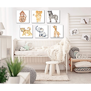 TEXTURE OF DREAMS Watercolor Cute Baby Africa Jungle Animals Print on Canvas Wall Art, Lion Monkey Elephant Giraffe Leopard Zebra, Safari Wild Animals Nursery Boy Room Decor 6 Pack (10" x 10")