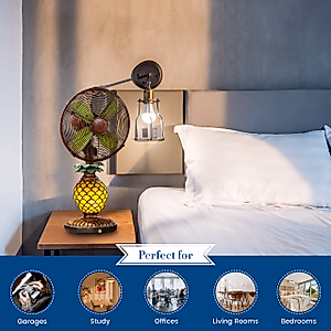 DecoBREEZE Oscillating Table Fan with Lamp, 3-Speed Portable Fan, Pineapple, Mosaic Glass Antique Fan and Lamp, 10 inches