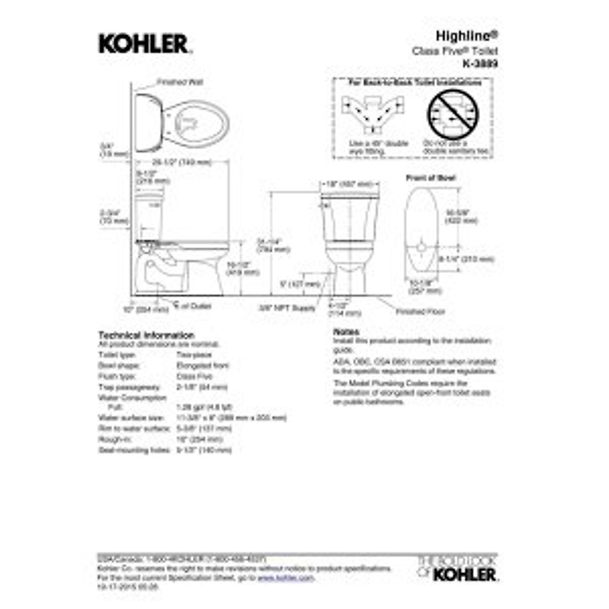 Kohler K-3889-96 Highline Comfort Height 1.28 gpf Toilet, 10-inch Rough-In, Biscuit