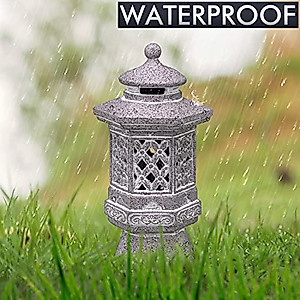 TERESA'S COLLECTIONS Pagoda Garden Statues with Solar Lights, Resin Zen Garden Lantern Asian Decor Outdoor Statues Yard Ornaments for Landscape Patio Porch Lawn Decorations, 12.6'' (Stone Finish)