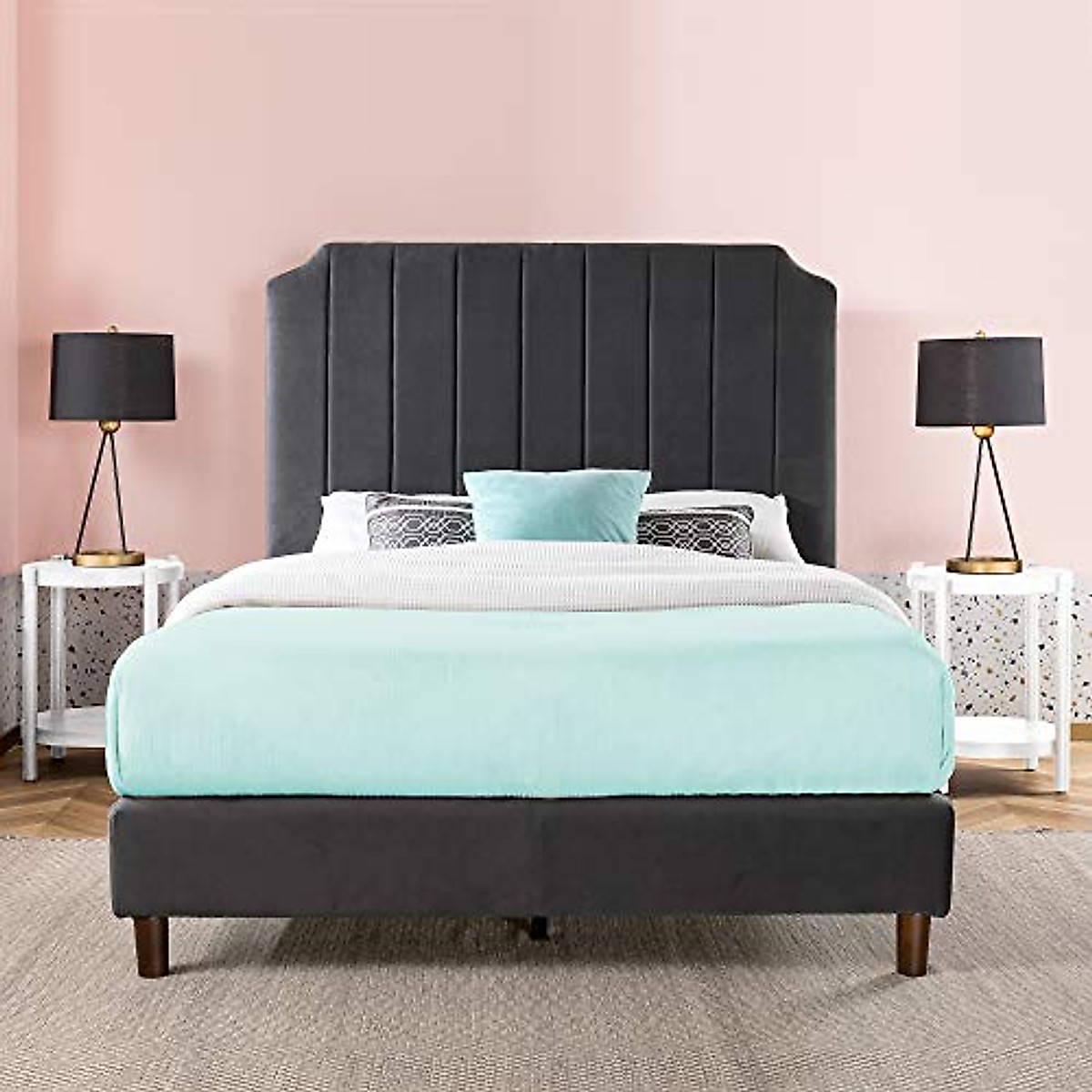 ZINUS Charlotte Upholstered Platform Bed Frame, Mattress Foundation, Wood Slat Support, No Box Spring Needed, Easy Assembly, King