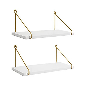 Afuly Floating Shelves Rustic Wall Shelves, Metallic Gold White Wall Mounted Shelves, Wall Hanging Storage for Bathroom Kitchen Bedroom, Wood Metal Chic Wall Bookshelf, Set of 2…