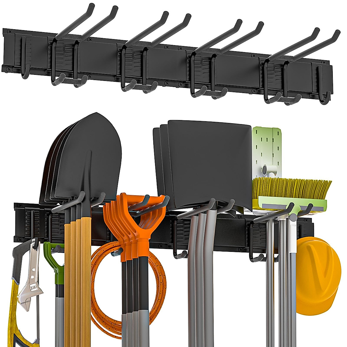 Vilaxing Garage Tool Organizer Wall Mount,Garden Tool Rack Organizer,32 Inch Study Tool Storage Rack for Garage Garden with 6 Adjustable Hooks and 2 Rails,Hold Up to 250lbs Black