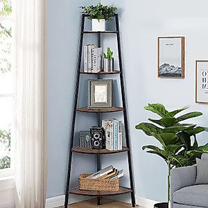 NAIYUFA Industrial Corner Shelf Stand,5 Tier Corner Shelf,Modern Corner Bookshelf Small Bookcase, Rustic Tall Corner Ladder Bookcase Plant Stand for Living Room,Kitchen,Home Office