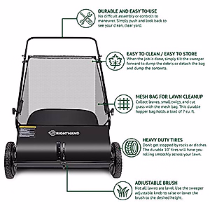Right Hand 26-Inch Push Lawn Sweeper, Strong Rubber Wheels & Heavy Duty Durable Steel Structure Sweeps Leaf Grass & More, 7ft Mesh Collection Bag, 4 Spinning Brushes