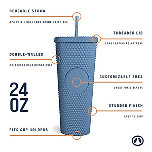 Hogg 24oz Studded Tumbler - Grey, Iced Coffee Cups with Lids Reusable, 24 oz Tumbler with Lid and Straw, Venti Reusable Iced Coffee Cup, Bling Cup, DIY Circle for Vinyl or Stickers, Grey Tumbler