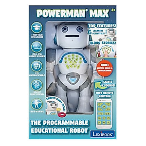 LEXiBOOK Powerman Max - Remote Control Walking Talking Toy Robot STEM Programmable Dances Sings Telling 10,000 Stories 300+ Learning Quiz Shooting Discs and Voice Repeat for Kids 4+ - ROB80EN, White