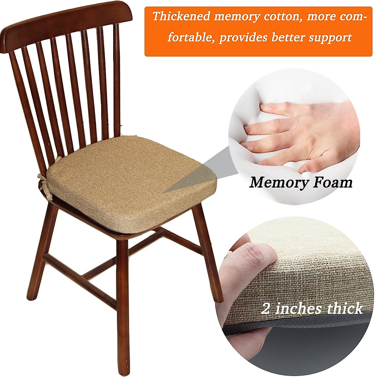 ZYHOONE Chair Cushion with Ties for Dining Chairs - Thick and Comfortable Non Slip Kitchen Seat Pad for Dining Room with Machine Washable Cover [15 X 15 X 2 Inches] - Natural Linen