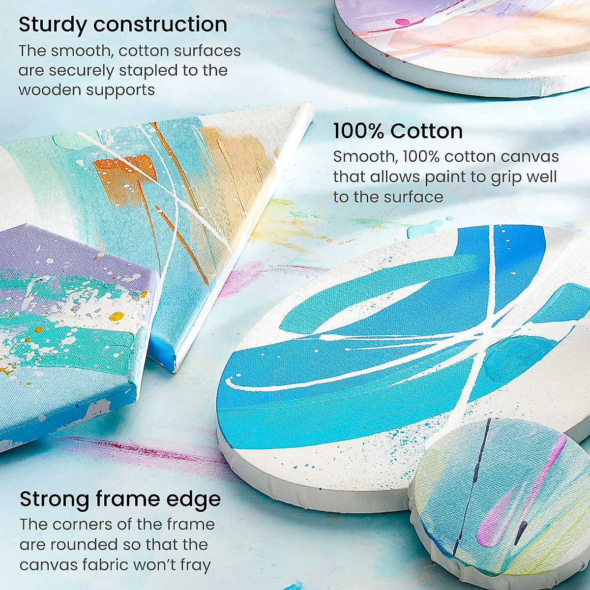 ARTEZA Stretched Canvas, Multipack of 20, Round, Oval, Triangle, and Hexagonal Canvas, Blank White Canvas Boards for Acrylic, Oil and Gouache Painting