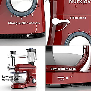 Nurxiovo 3 in 1 Stand Mixer, 850W Tilt-Head 6.5QT Kitchen Food Mixer, 6 Speed with Pulse Electric Mixer, Multifunction Standing Mixers, Meat Blender and Juice Extracter Red
