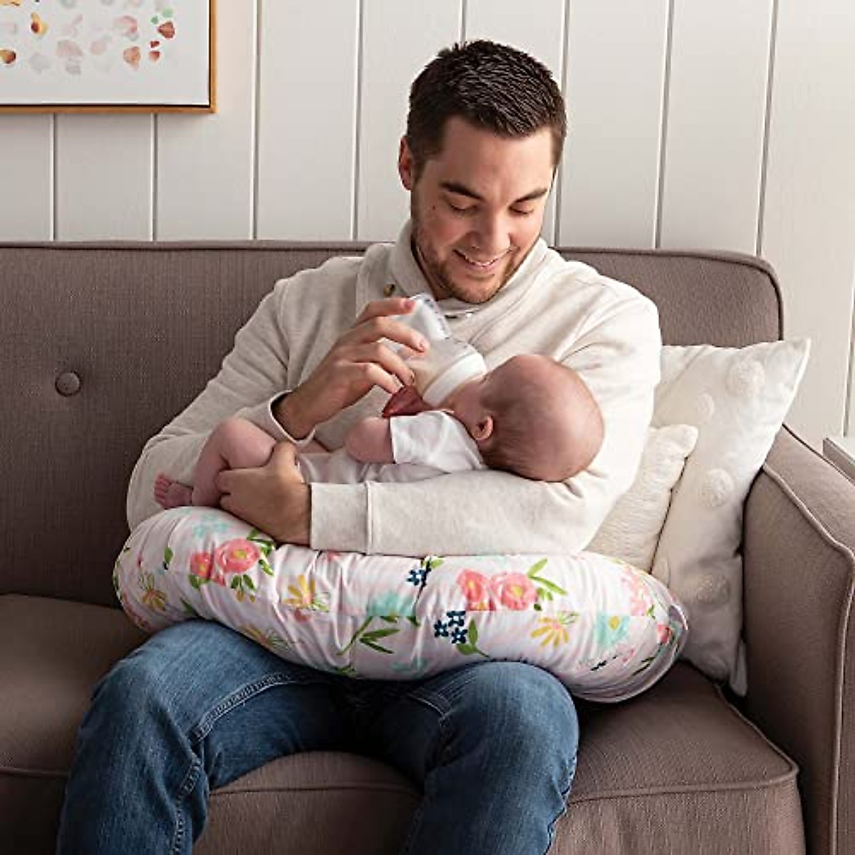 Boppy Original Support Nursing Pillow, Pink Floral Stripe, Ergonomic Breastfeeding, Bottle Feeding, and Bonding, Firm Hypoallergenic Fiber Fill, Removable Cover, Machine Washable