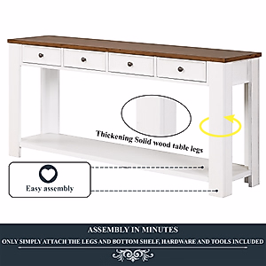 KLIECH 63" Pine Wood Console, Sofa 4 Drawers and 1 Bottom Shelf,Narrow Long Table for Living Room Entryway Hallway Bedroom,Antique White+ Brown Top