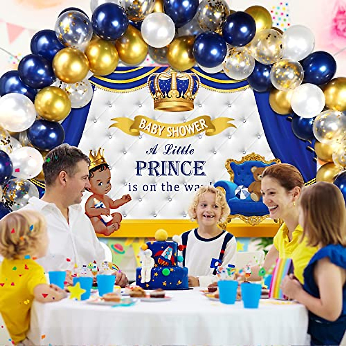 Royal Prince Baby Shower Decorations Include Royal Blue Gold Confetti Balloons Kit Royal Little Prince Photography Background Banner for Little Prince Boys Baby Shower Party Supplies Decor