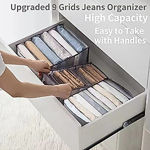 4Pcs Wardrobe Clothes Organizer, 9 Grids Washable Jeans Compartment Storage Box, Upgraded Mesh Separation Box with Handle, Foldable Drawer Organizers Clothes for Jeans, Shirt, Skirt, Legging, Grey