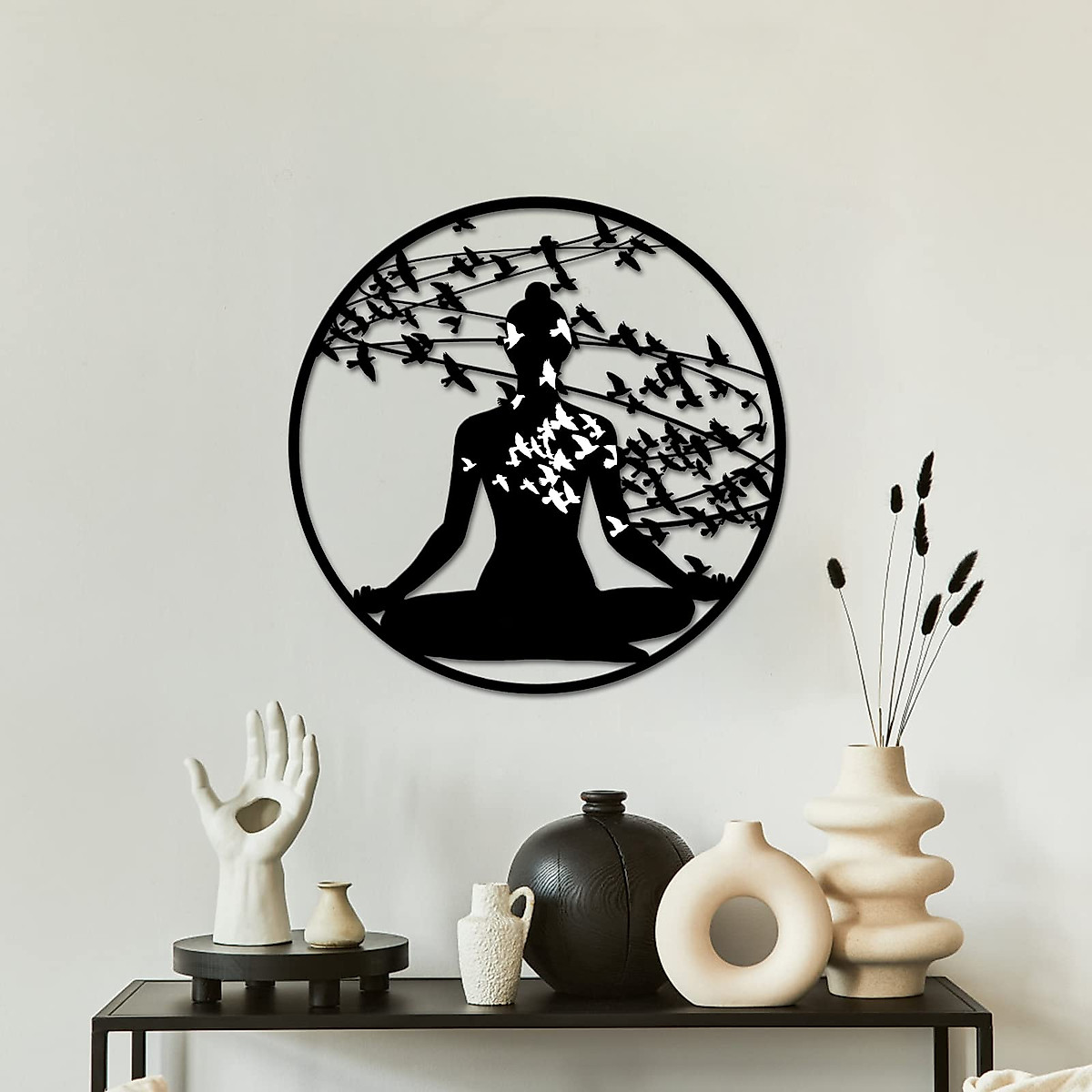 RnnJoile Yoga Art Wall Decor Abstract Woman with Birds Design Metal Wall Sculpture Zen Life Hanging Art for Home Bedroom Yoga Room Peace Wall Decoration Gift Piece
