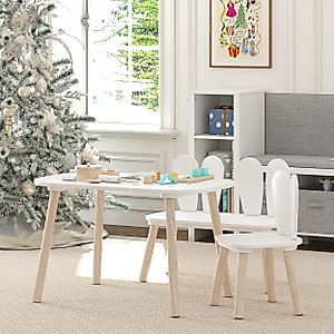 UTEX Kids Table and Chair Set, Toddler Table with Bunny Chair and Bench, 3 Pieces Wooden Children Table for Kids Room, Classroom, Nursery, White