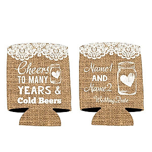 VictoryStore Custom Rustic Wedding Can Cooler Cheers to many Years and Cold Beers, Wedding Can Coolers Set of (100)