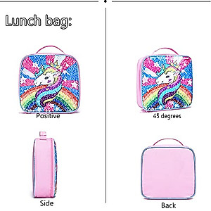 NOACLEA 3pcs Girls Unicorn Sequins Backpack Set Kids School Backpack With Lunch Box Pencil Case.