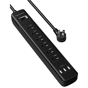 SUPERDANNY Surge Protector Power Strip with USB, ETL Listed, 2100J Flat Plug Extension Cord 5ft 15A 1875W, 6 Outlets 3 USB Ports, Wall Mount, Safety Covers, Black, 2022 Version