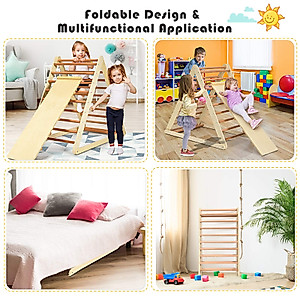 HONEY JOY Triangle Climber with Ramp, 2-in-1 Indoor Toddler Climbing Triangle Set with Ladder & Slide, Foldable Wooden Kids Climbing Toys for Playground, Gym & Daycare, Gift for Boys Girls (Natural)