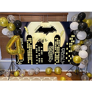 Superhero Super City Photography Backdrop Yellow Full Moon Skyline Cityscape Photo Background Newborn Baby Shower Kids Birthday Party Cake Table Decoration Banner Props (7x5FT)