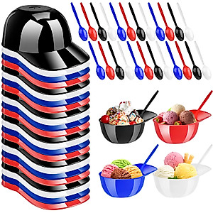 24 Pieces Baseball Helmet Ice Cream Snack Bowl 8 oz Mini Baseball Cap Bowls Mini Plastic Sundae Bowls Kid Helmet Bowl with 24 Dessert Spoons for Birthday Party Supplies (Red, Blue, Black, White)