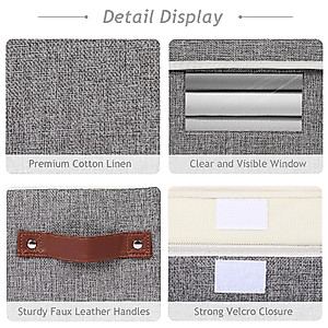 ANMINY 2 PCS Fabric Storage Bins with Lid PU Leather Handles Clear Window Washable PP Plastic Board Decorative Foldable Lidded Cotton Linen Storage Boxes Baskets Closet Organizer - Gray, Small Size