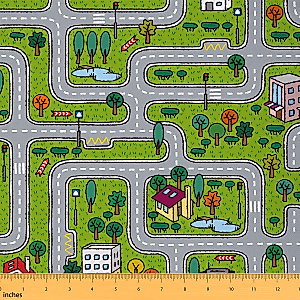 Feelyou Cartoon Car Road Fabric by The Yard, Kids Cars Vehicles Race Track Upholstery Fabric for Chairs Sofa Couch, Street Roadway Activity Outdoor Fabric Waterproof, 1 Yard, Gray Green