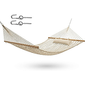 Y- STOP Hammocks, Traditional Cotton Rope Hammock with Chains and Hooks for Outdoor, Indoor, Patio Yard, Double Solid Wood, for Two Person, Max 440 Lbs (Natural)